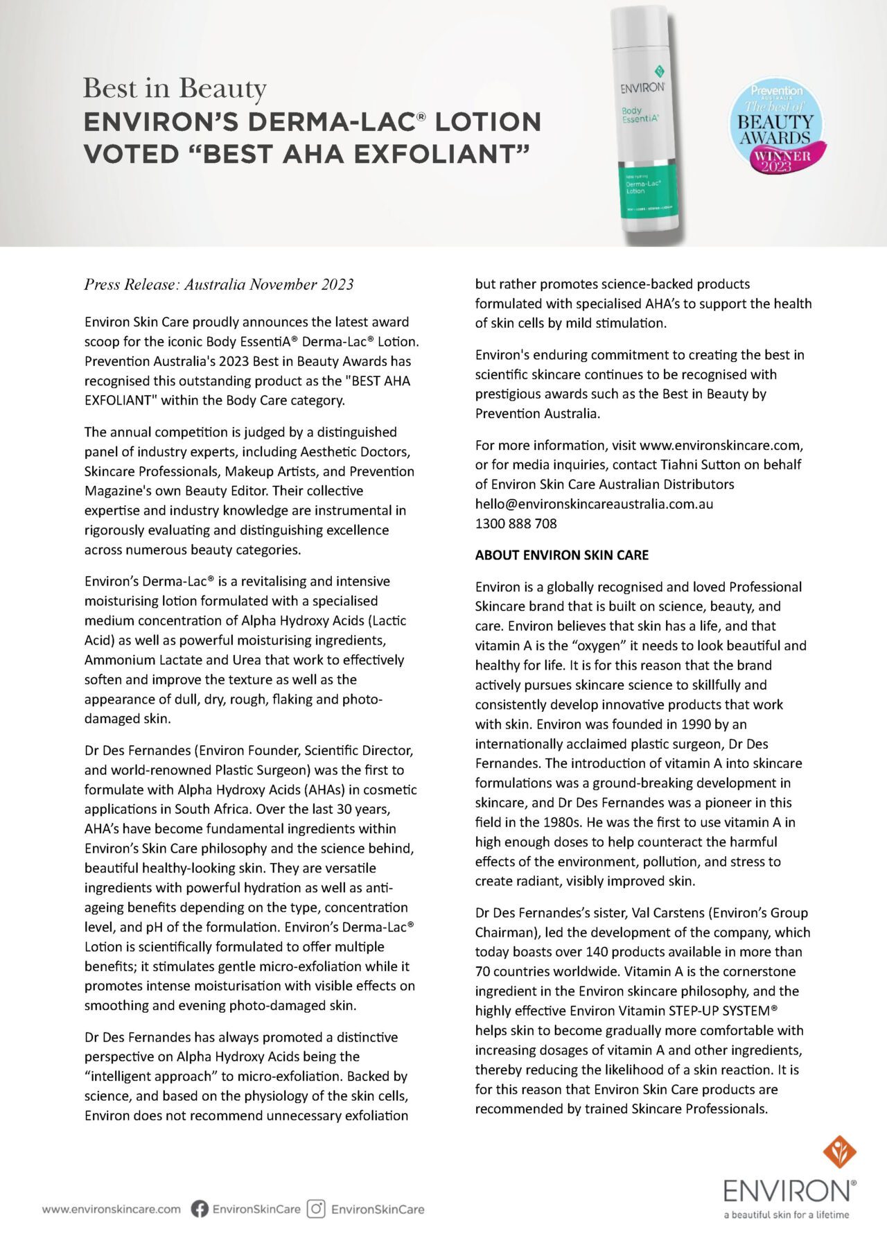 Prevention Magazine Best in Beauty Awards ENVIRON’S DERMA-LAC® LOTION ...